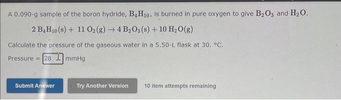 Solved A 0.090-g sample of the boron hydride, B4H10, is | Chegg.com