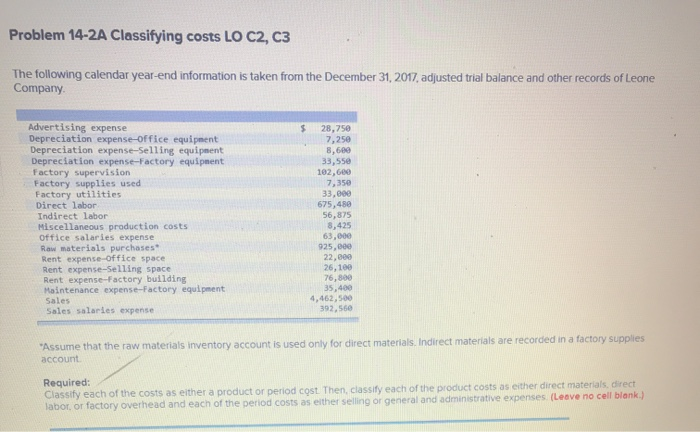 Solved Problem 14-2A Classifying costs LO C2, C3 The | Chegg.com