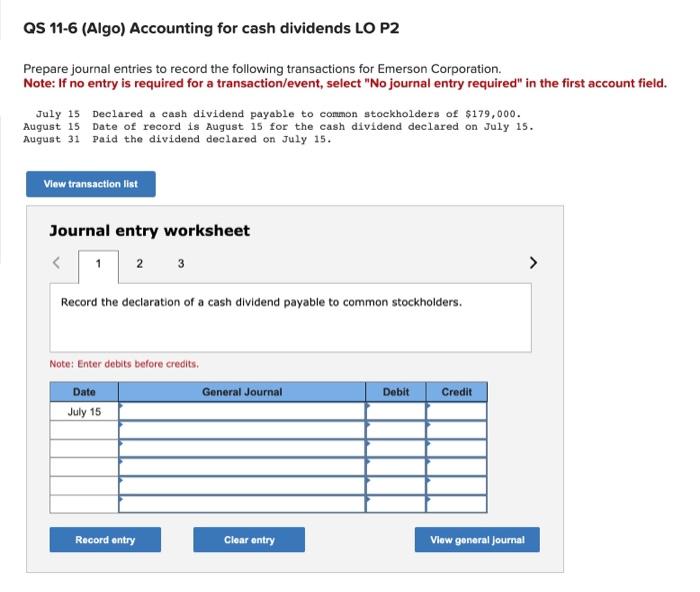 Solved QS 11-6 (Algo) Accounting for cash dividends LO P2 | Chegg.com