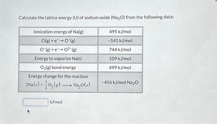 Solved Calculate the lattice energy (U) of sodium oxide | Chegg.com