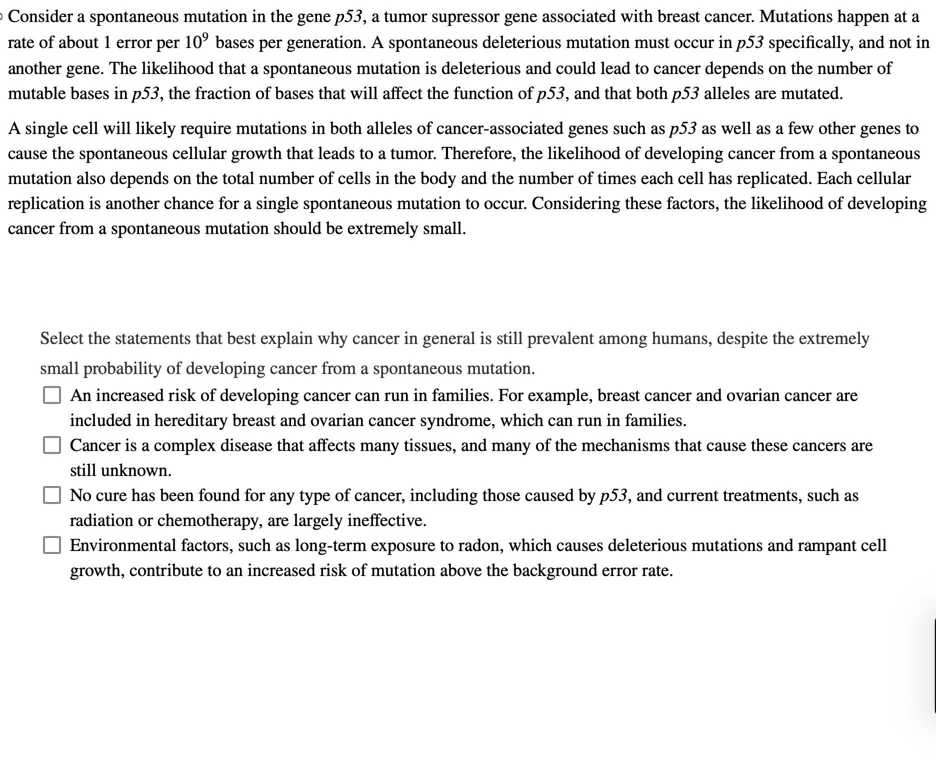 Solved Select the statements that best explain why cancer in | Chegg.com