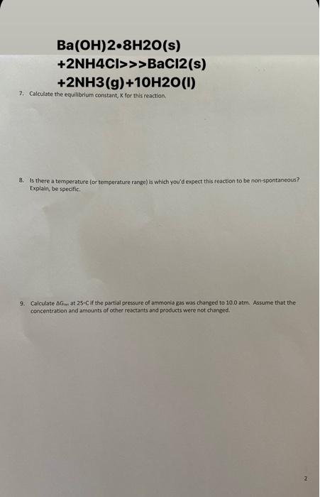 Solved Ba(OH)2 8H20(s) +2NH4CI>>>BaCl2(s) +2NH3(g)+10H20(1) | Chegg.com