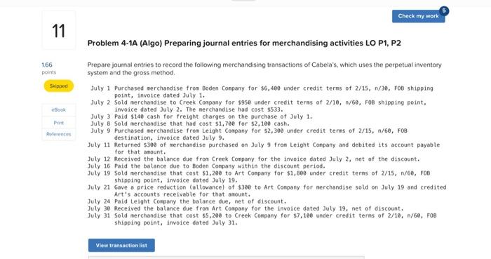 Solved Problem 4-1A (Algo) Preparing journal entries for | Chegg.com