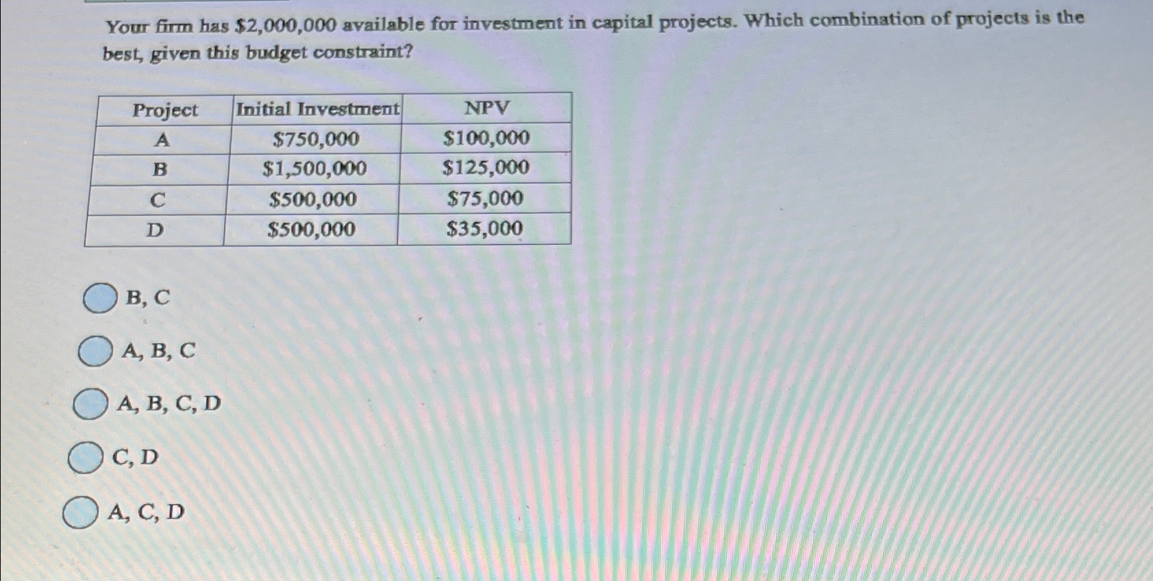 Solved Your firm has $2,000,000 ﻿available for investment in | Chegg.com