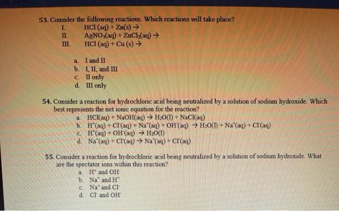 Solved 1 53. Consider the following reactions. Which | Chegg.com