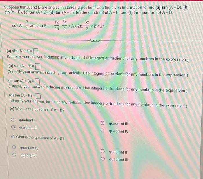 Solved Suppose that A and B are angles in standard position. | Chegg.com