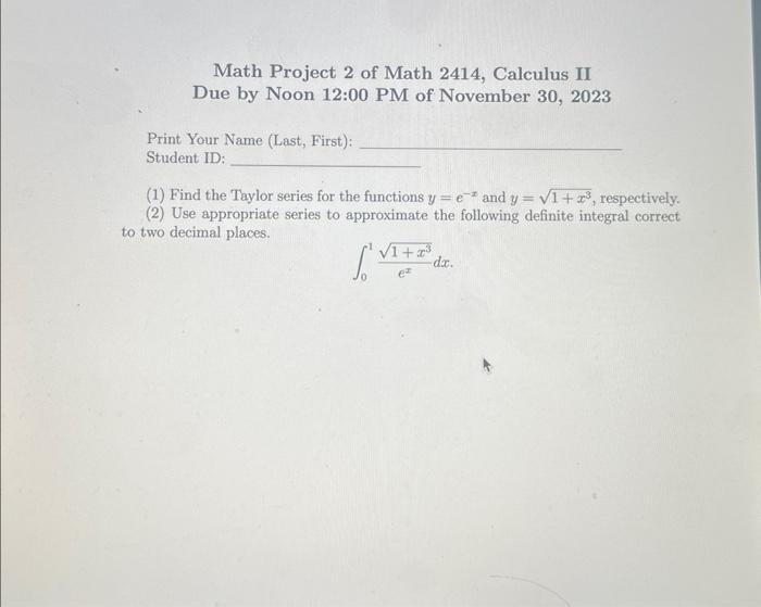 Solved Math Project 2 of Math 2414, Calculus II Due by Noon | Chegg.com