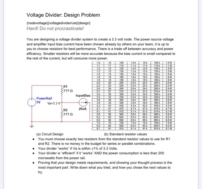 Solved Voltage Divider: Design Problem {nodevoltage} | Chegg.com