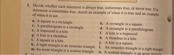 Solved 2. Decide whether each statement is always true, | Chegg.com