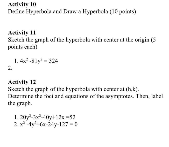 Solved Activity 10 Define Hyperbola and Draw a Hyperbola (10 | Chegg.com