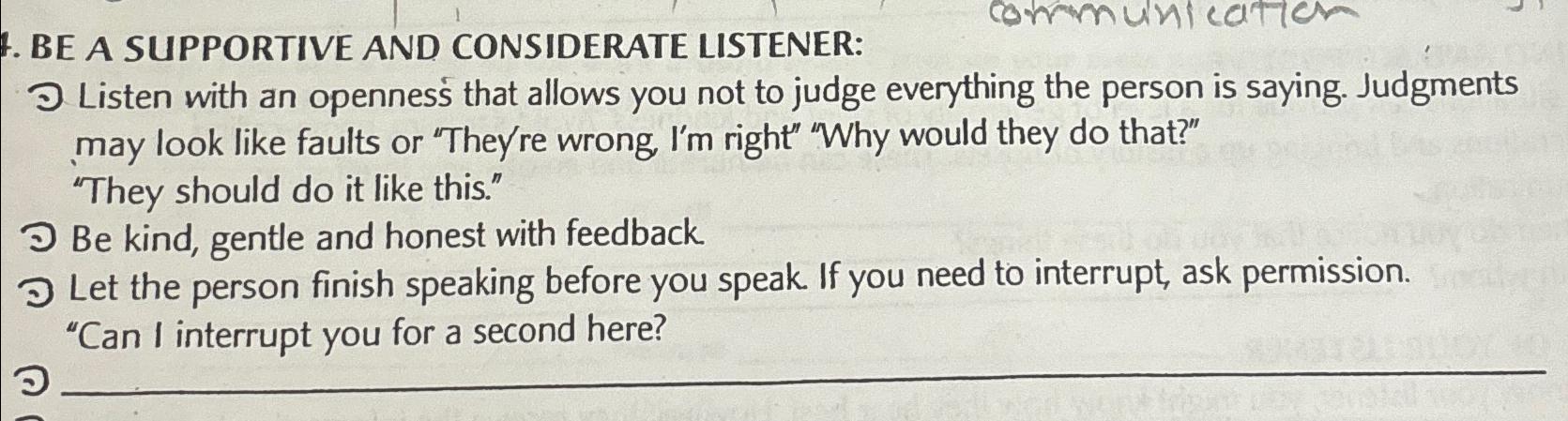 Solved BE A SUPPORTIVE AND CONSIDERATE LISTENER:כ ﻿Listen | Chegg.com