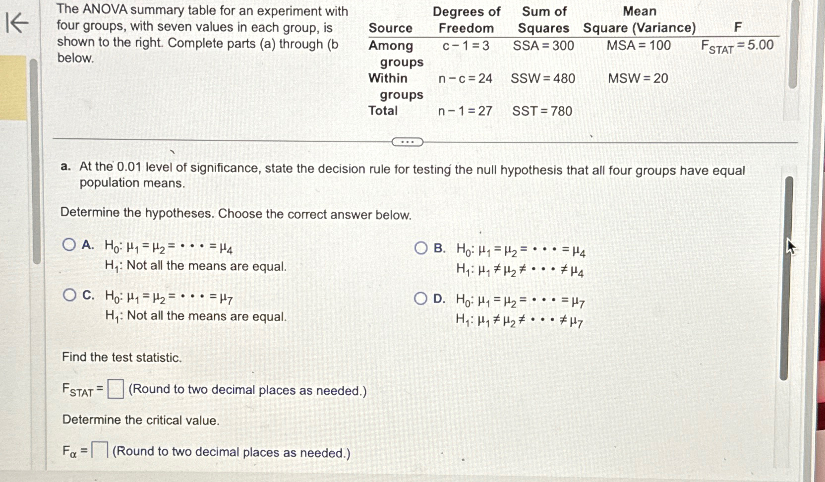 Solved NEED ASAP PLEASEThe ANOVA summary table for an | Chegg.com