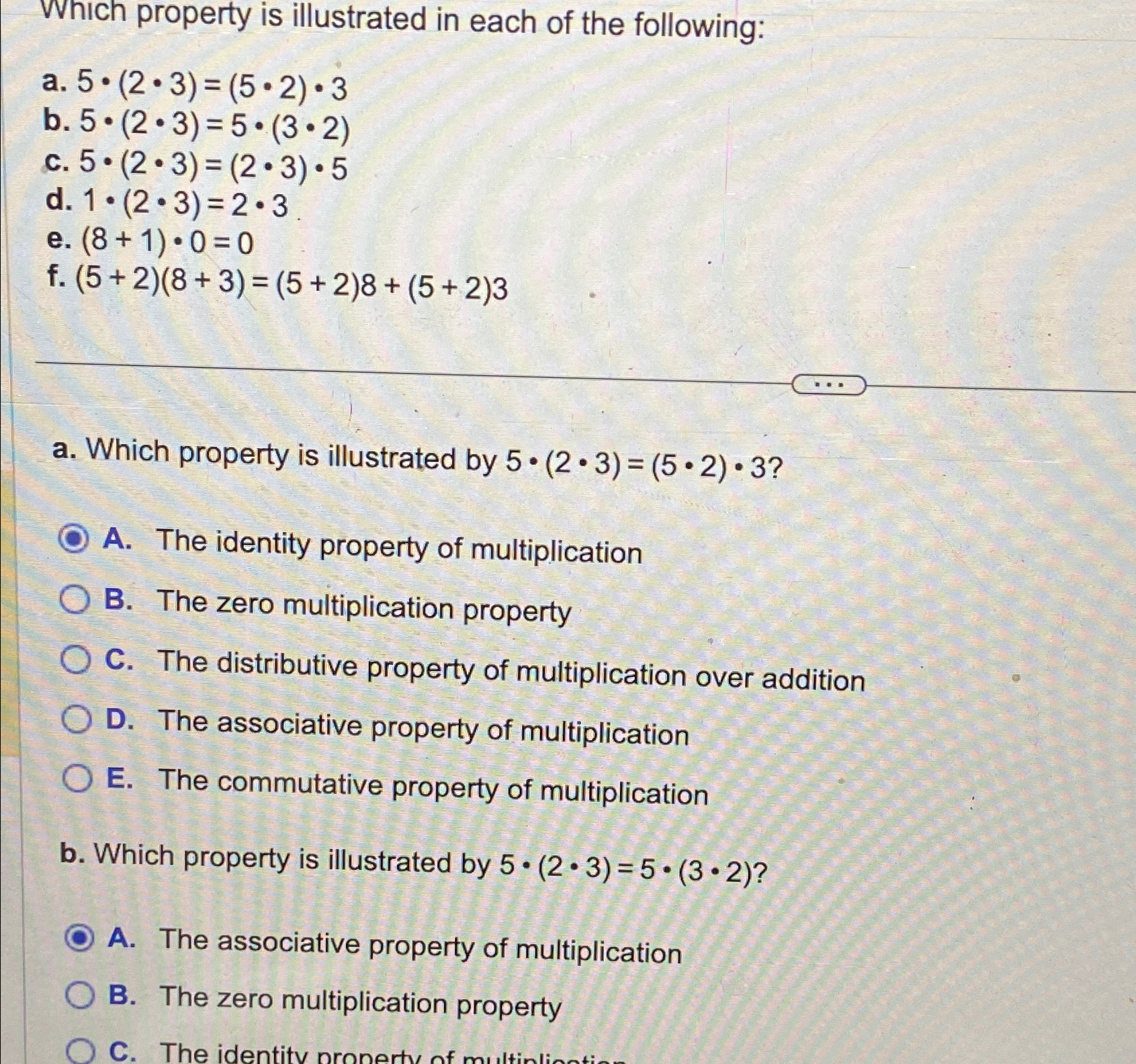Solved Which property is illustrated in each of the | Chegg.com