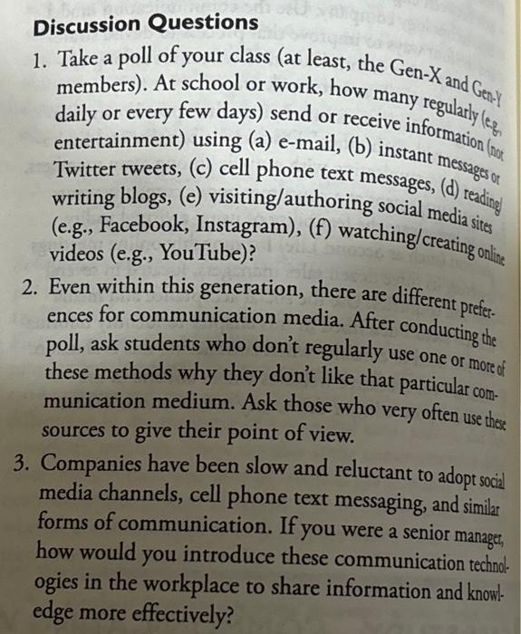 Solved Discussion Questions 1. Take a poll of your class (at | Chegg.com