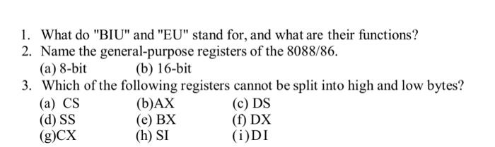 Solved 1. What do "BIU" and "EU" stand for, and what are | Chegg.com