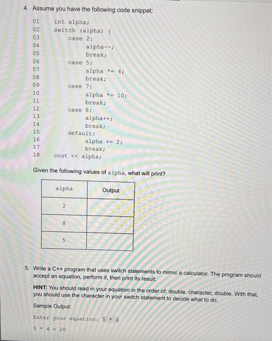 Solved 010203040506070809101112131415161718 int alpha; | Chegg.com