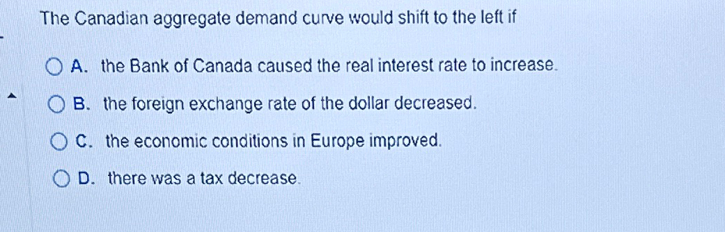 Solved The Canadian aggregate demand curve would shift to | Chegg.com