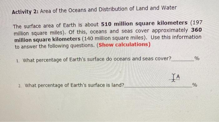 Solved Activity 2: Area of the Oceans and Distribution of | Chegg.com