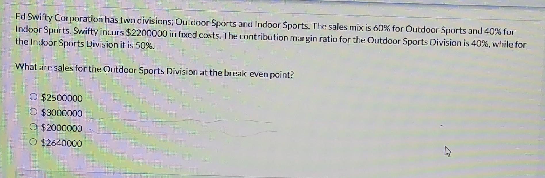 Solved Ed Swifty Corporation has two divisions; Outdoor | Chegg.com