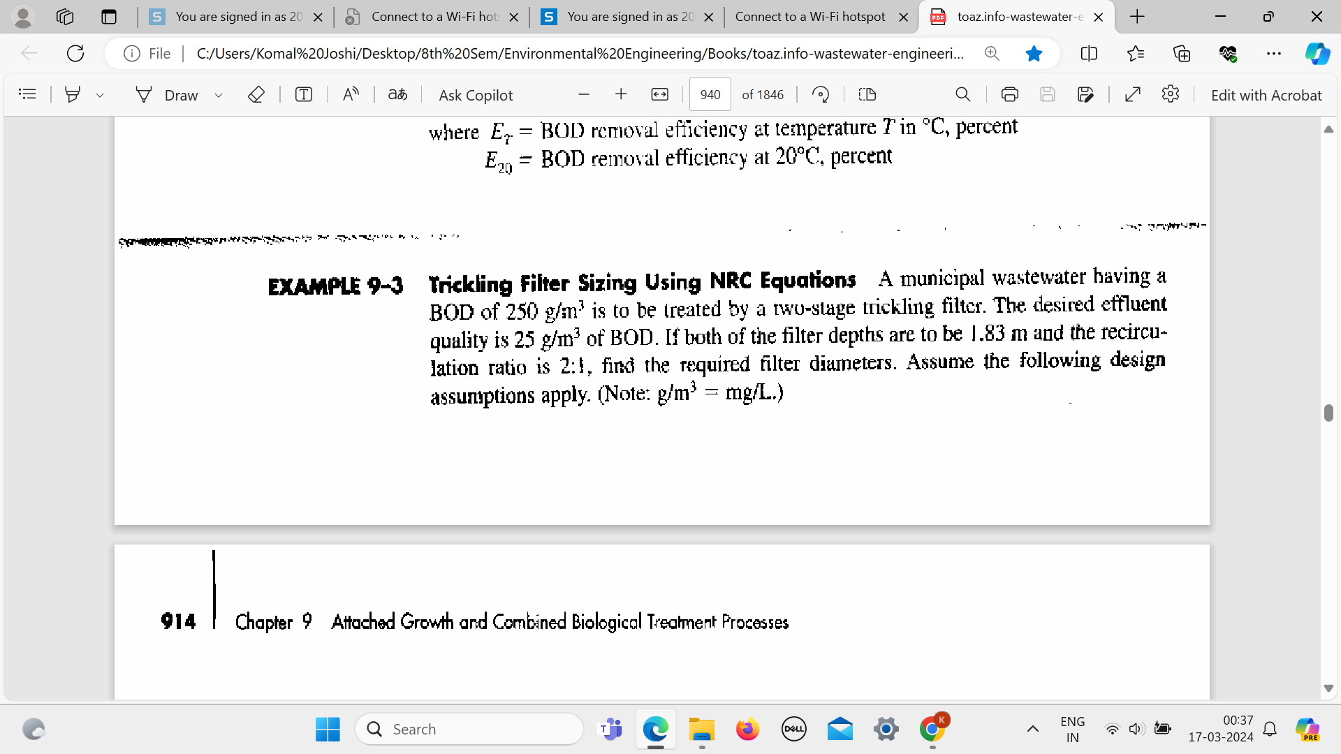 Solved where Eτ=BOD renoval efficiency at temperature T ﻿in | Chegg.com
