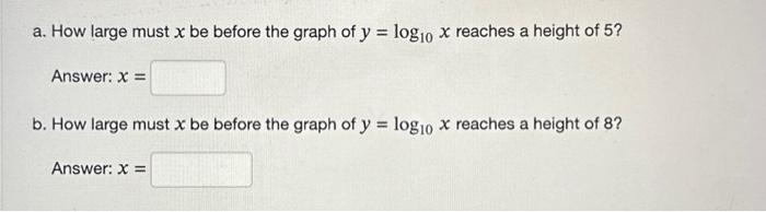 Solved a. How large must x be before the graph of y=log10x | Chegg.com