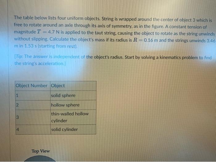 Solved The table below lists four uniform objects. String is | Chegg.com