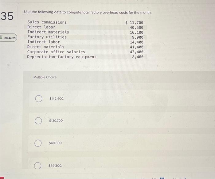 Solved 35 00:44:25 Use the following data to compute total | Chegg.com