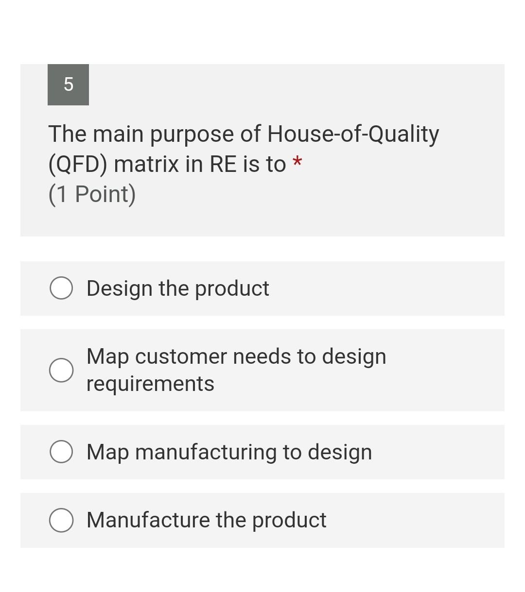 Solved 5 The main purpose of House-of-Quality (QFD) matrix | Chegg.com