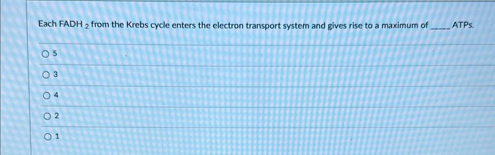 Each FADH2 ﻿from the Krebs cycle enters the electron | Chegg.com