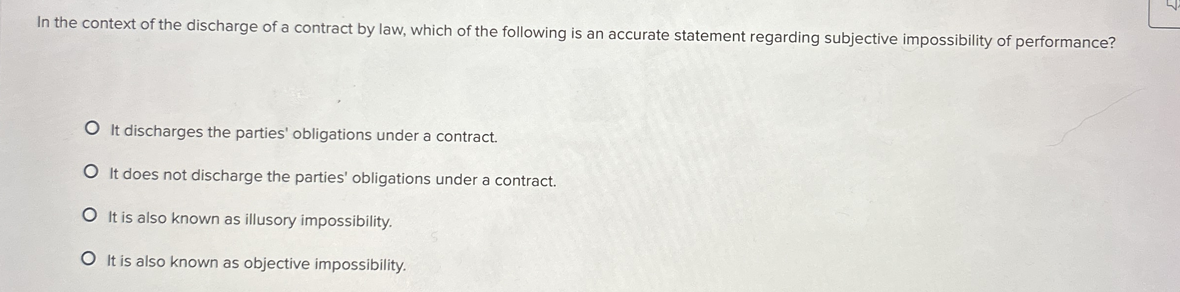 Solved In the context of the discharge of a contract by law, | Chegg.com