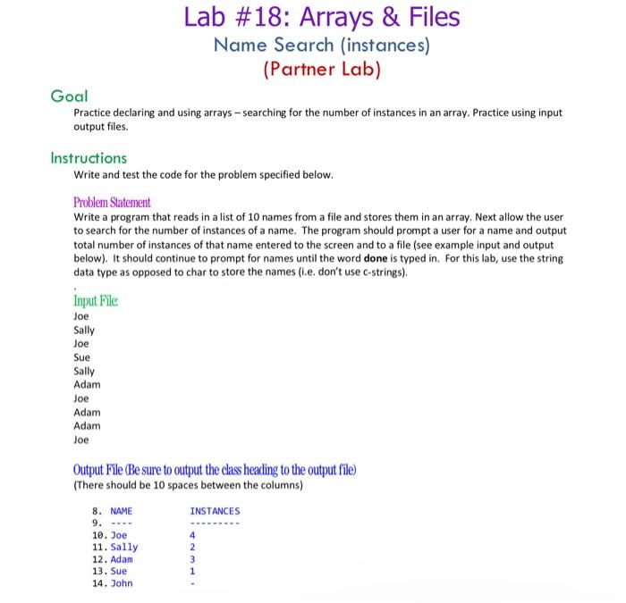 Solved Lab #18: Arrays & Files Name Search (instances) | Chegg.com