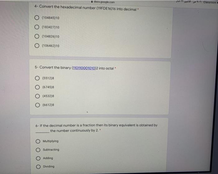 Solved docs.google.com 4- Convert the hexadecimal number | Chegg.com