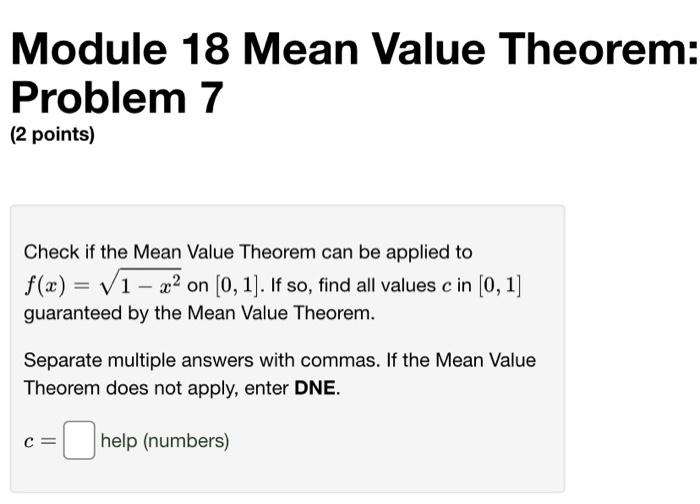 Solved Module 18 Mean Value Theorem: Problem 7 (2 points) | Chegg.com