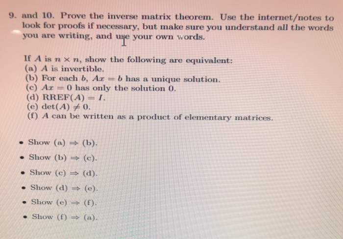 Solved 9. and 10. Prove the inverse matrix theorem. Use the | Chegg.com
