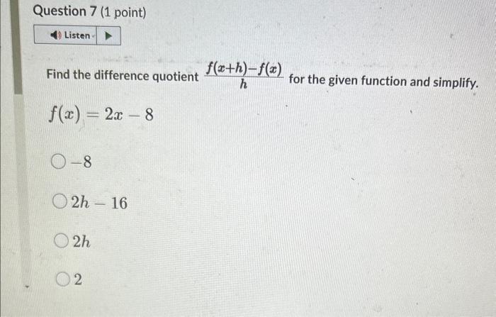 Solved Find the difference quotient hf(x+h)−f(x) for the | Chegg.com