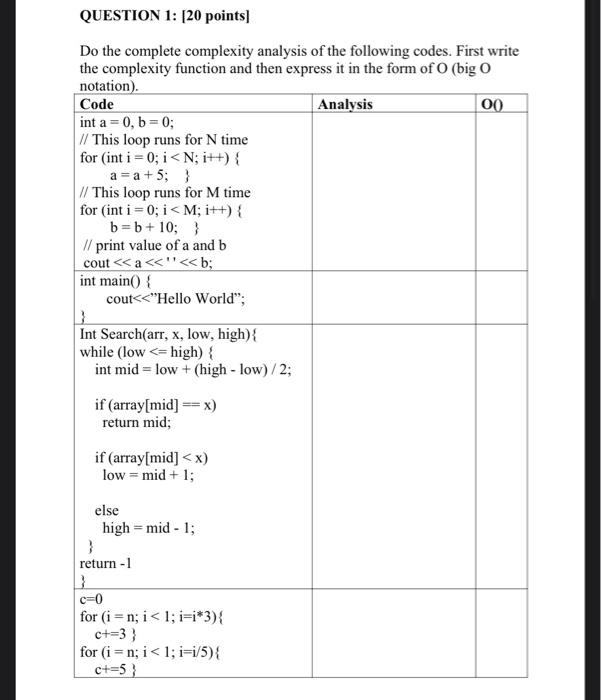 Solved QUESTION 1: [20 points] Do the complete complexity | Chegg.com