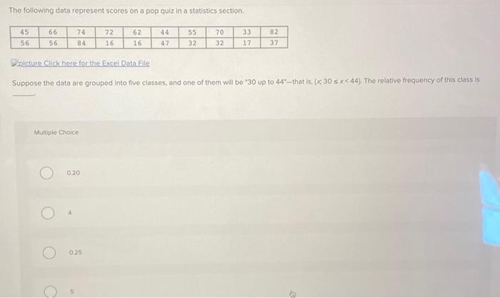 Solved The following data represent scores on a pop quiz in | Chegg.com