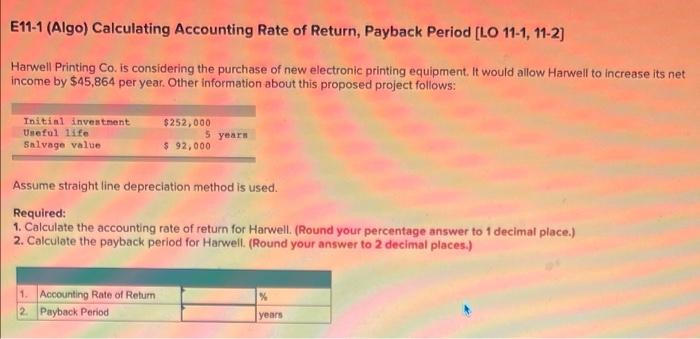 Solved E11-1 (Algo) Calculating Accounting Rate of Return, | Chegg.com