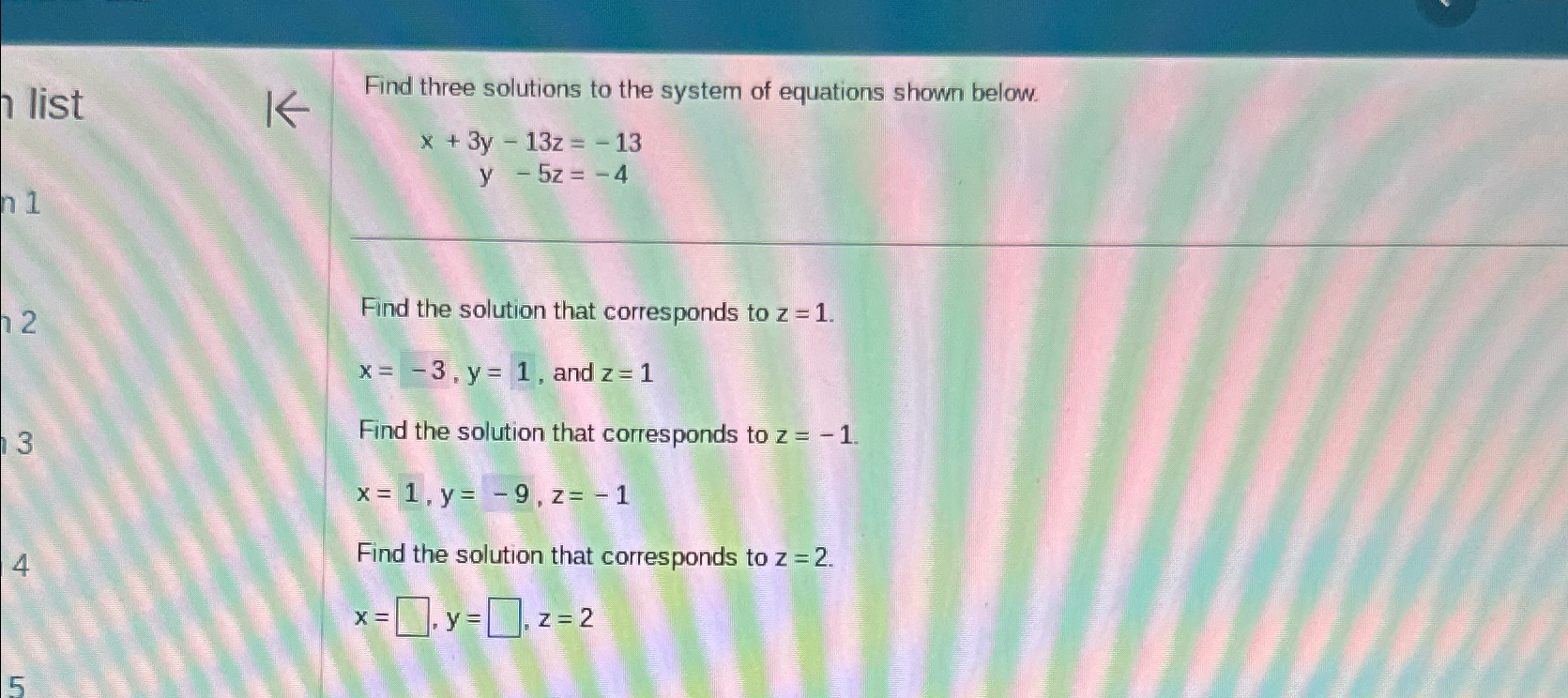 Solved Find three solutions to the system of equations shown | Chegg.com