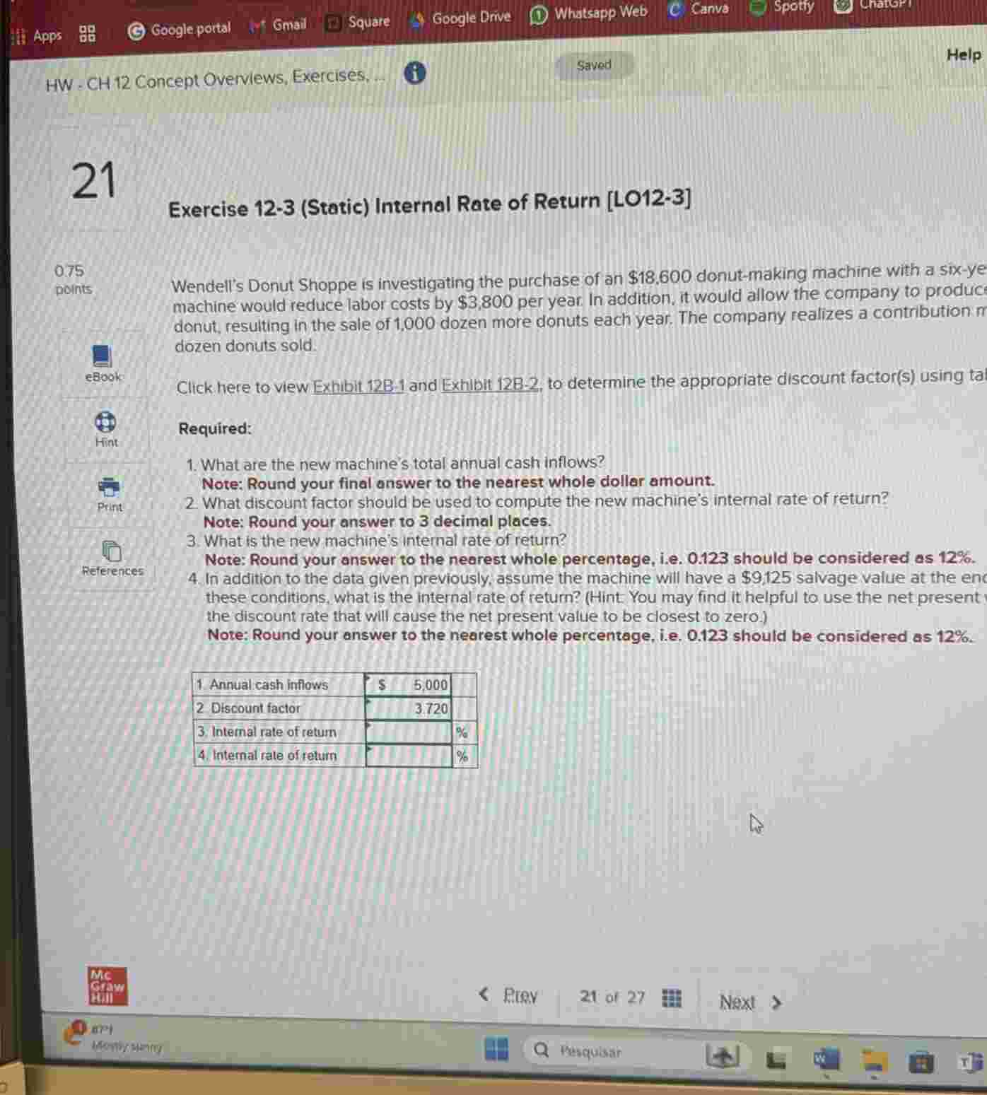 Solved Exercise 12-3 (Static) ﻿Internal Rate of Return | Chegg.com
