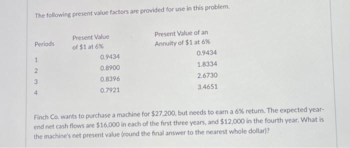 Solved The following present value factors are provided for | Chegg.com