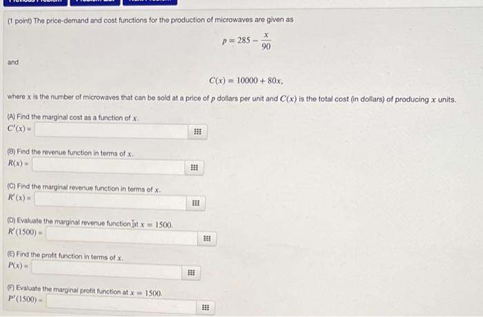 Solved (1 point) The price-demand and cost functions for the | Chegg.com
