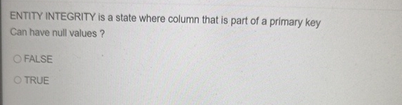 Solved ENTITY INTEGRITY is a state where column that is part | Chegg.com
