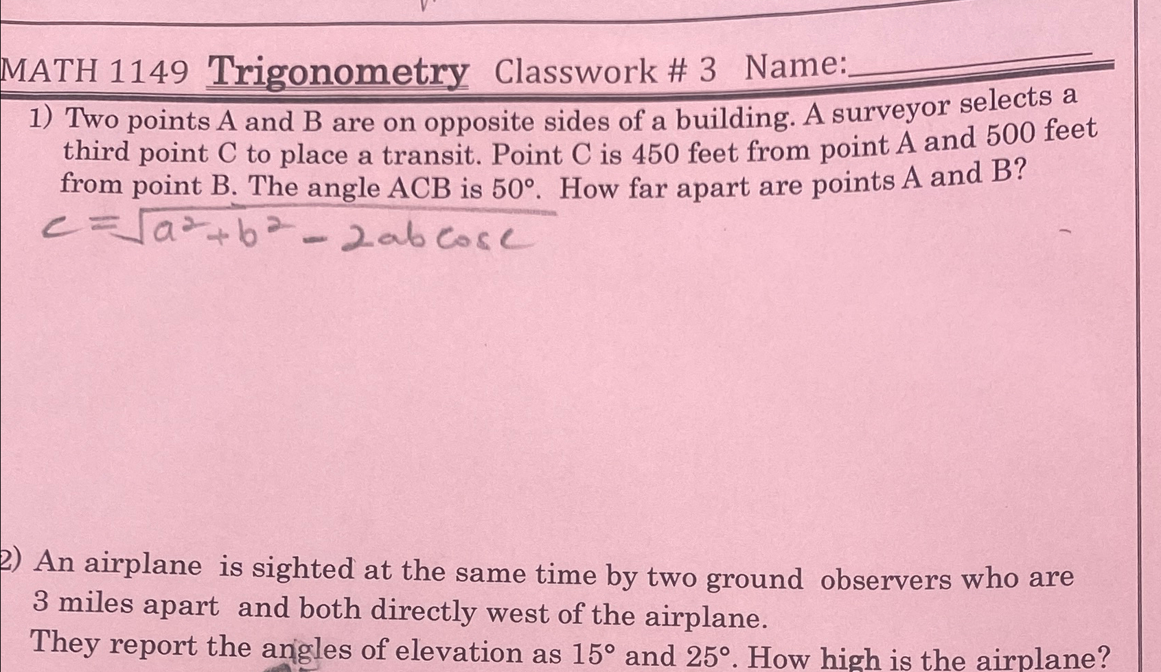 Solved MATH 1149 ﻿Trigonometry Classwork # 3 ﻿Name:Two | Chegg.com