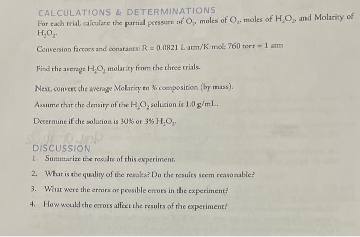 Solved CALCULATIONS \& DETERMINATIONS For each trial, | Chegg.com