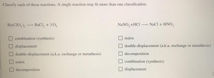 Solved Classify each of these reactions. A single reaction | Chegg.com