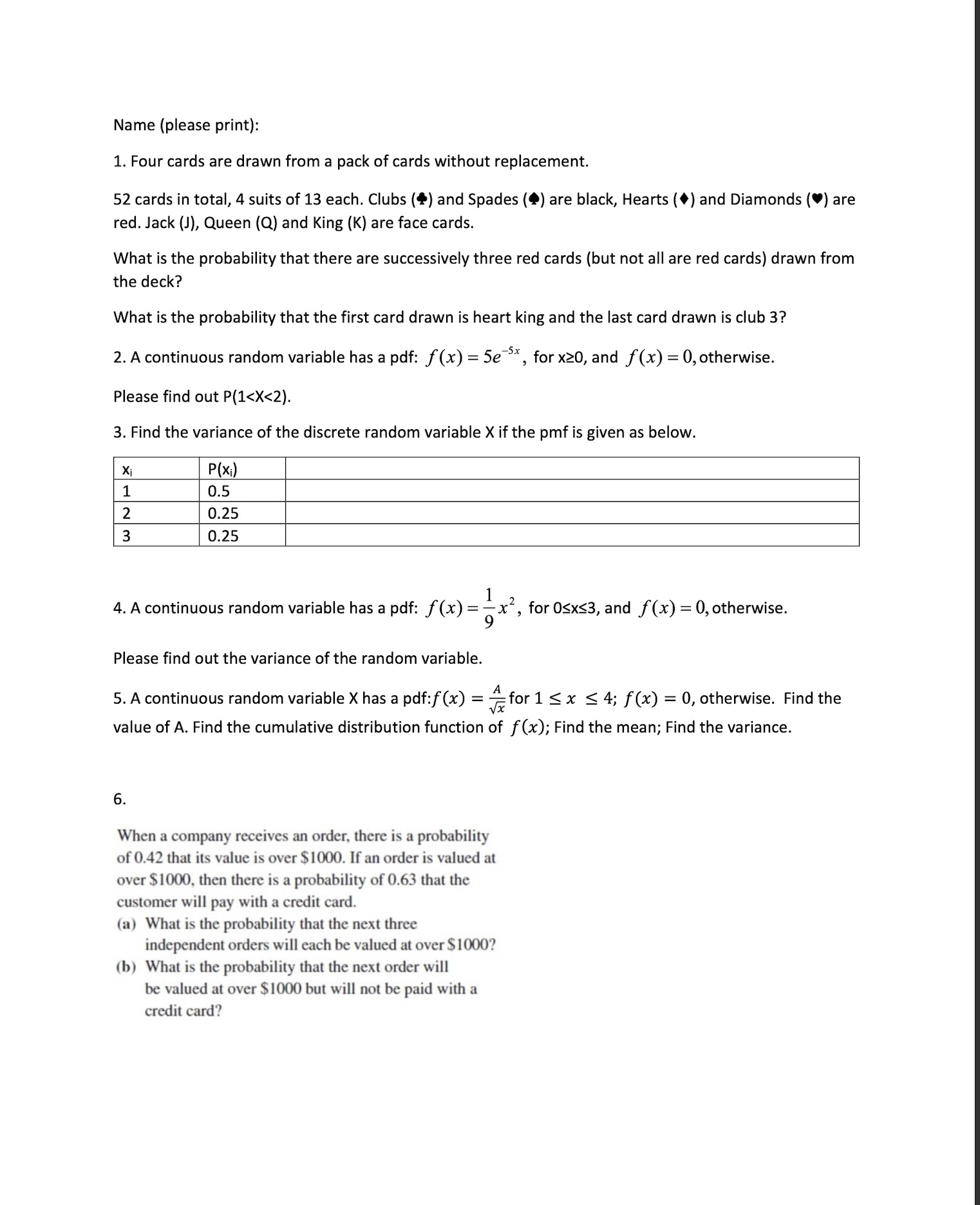 Solved Name (please print):Four cards are drawn from a pack | Chegg.com