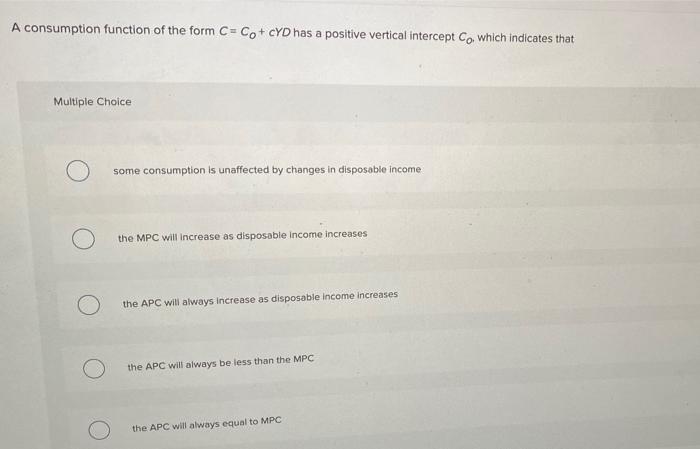 Solved A consumption function of the form C = Co+cYD has a | Chegg.com