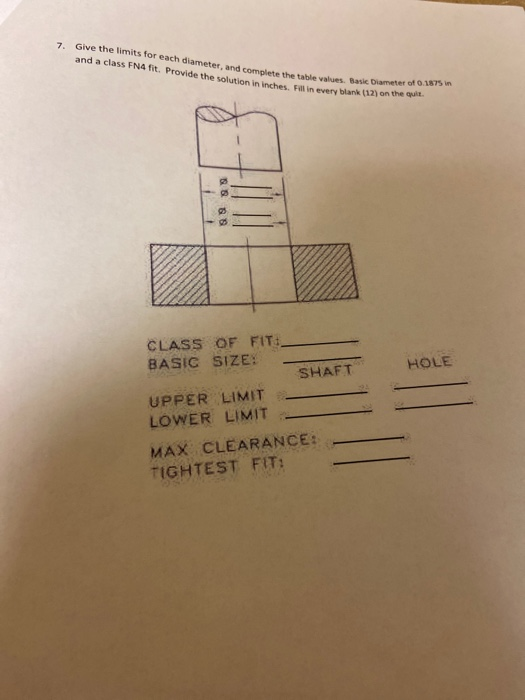 Solved 7. Give the limits for each diameter and the the | Chegg.com