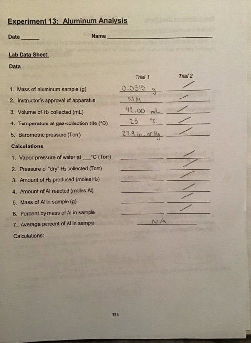 Solved Experiment 13: Aluminum Analysis Date Name Lab Data | Chegg.com